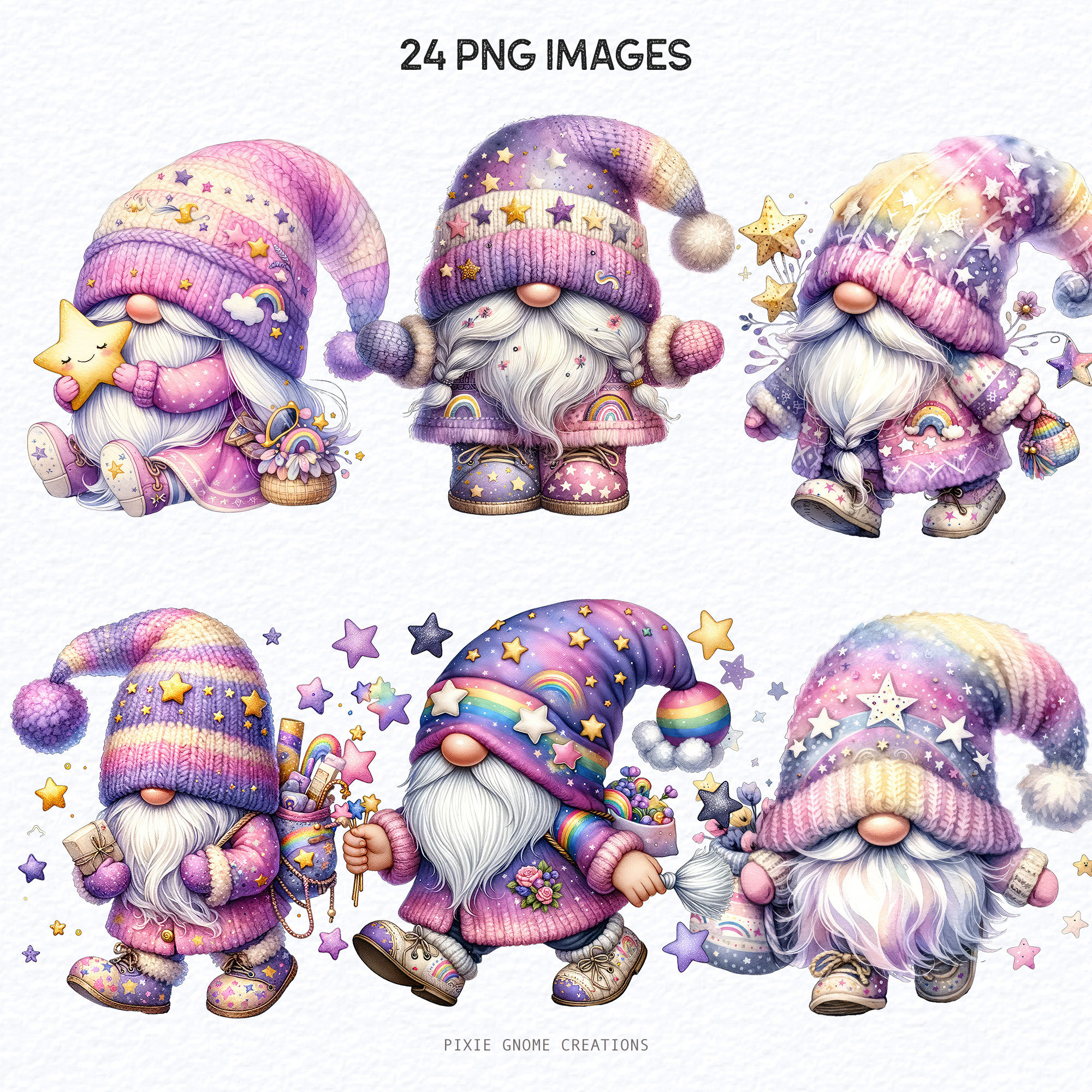 Watercolor Rainbow Star Gnome Png Clipart Bundle, Valentine Colorful ...