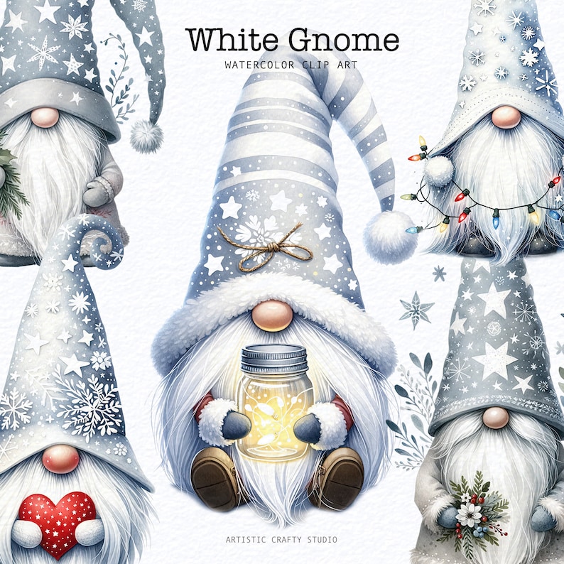 30 Watercolor Gnome Bundle Png, Watercolor White Christmas Gnomes ...
