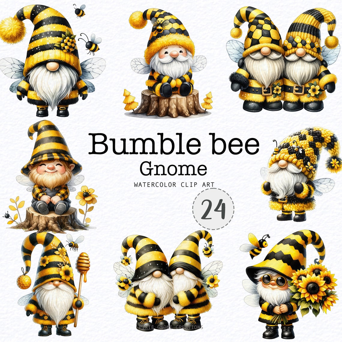 Bumble Bee Gnomes Png, Honey Bee Gnomes Watercolor Clipart PNG ...