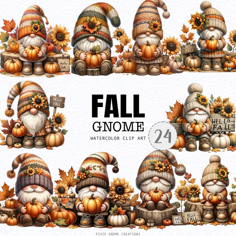 Watercolor Hello Fall Gnome Clipart PNG Bundle, Fall Gnome Png, Autumn ...
