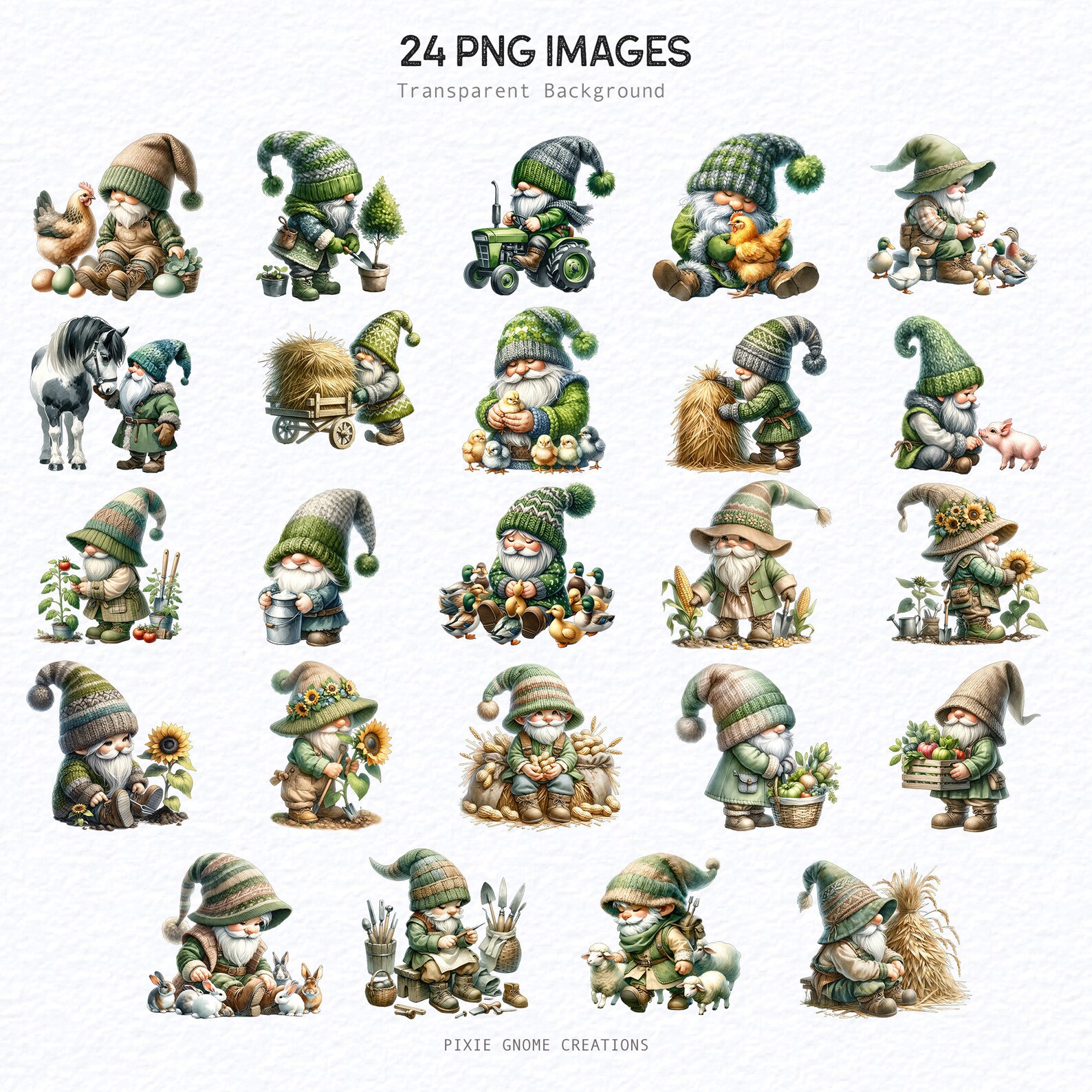 Watercolor Animal Farm Gnome Png Clipart Bundle, Farmers Market Clipart ...