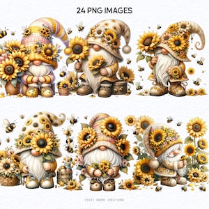 Watercolor Sunflower Bee Gnome Clipart Bundles, Gnome With Flowers ...