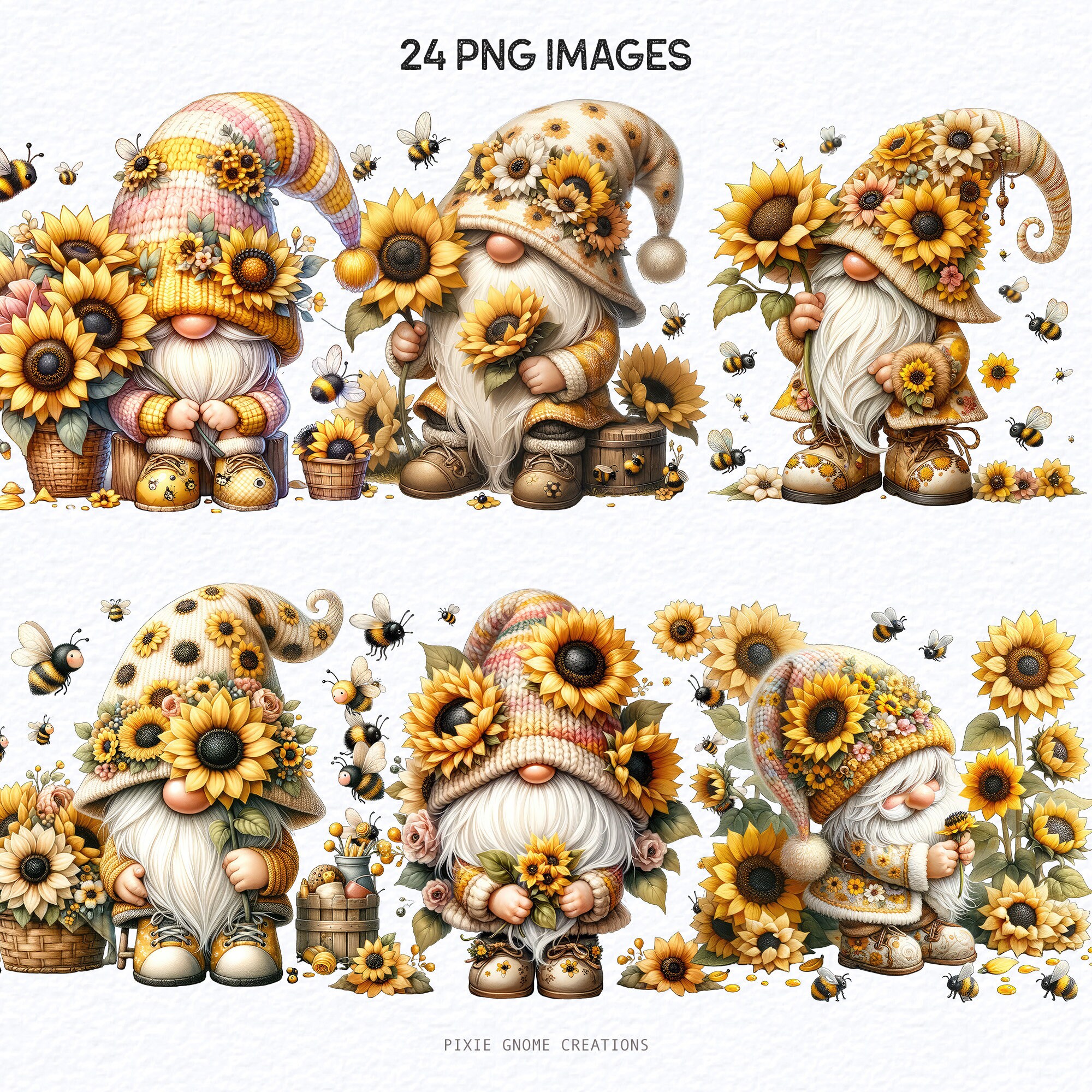 Watercolor Sunflower Bee Gnome Clipart Bundles, Gnome With Flowers ...