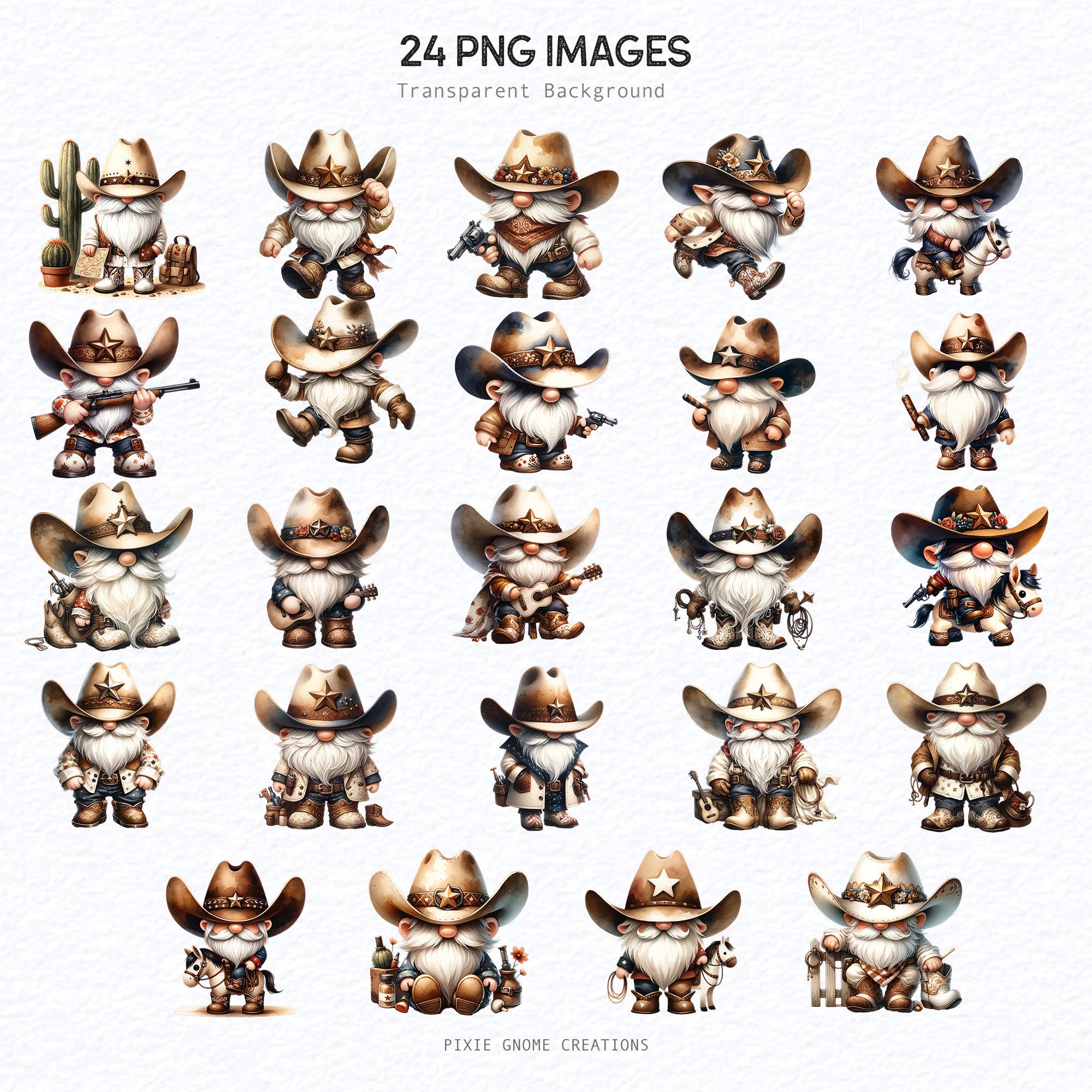 Watercolor Cowboy Gnome Clipart PNG Bundle, Western Gnome, Country ...