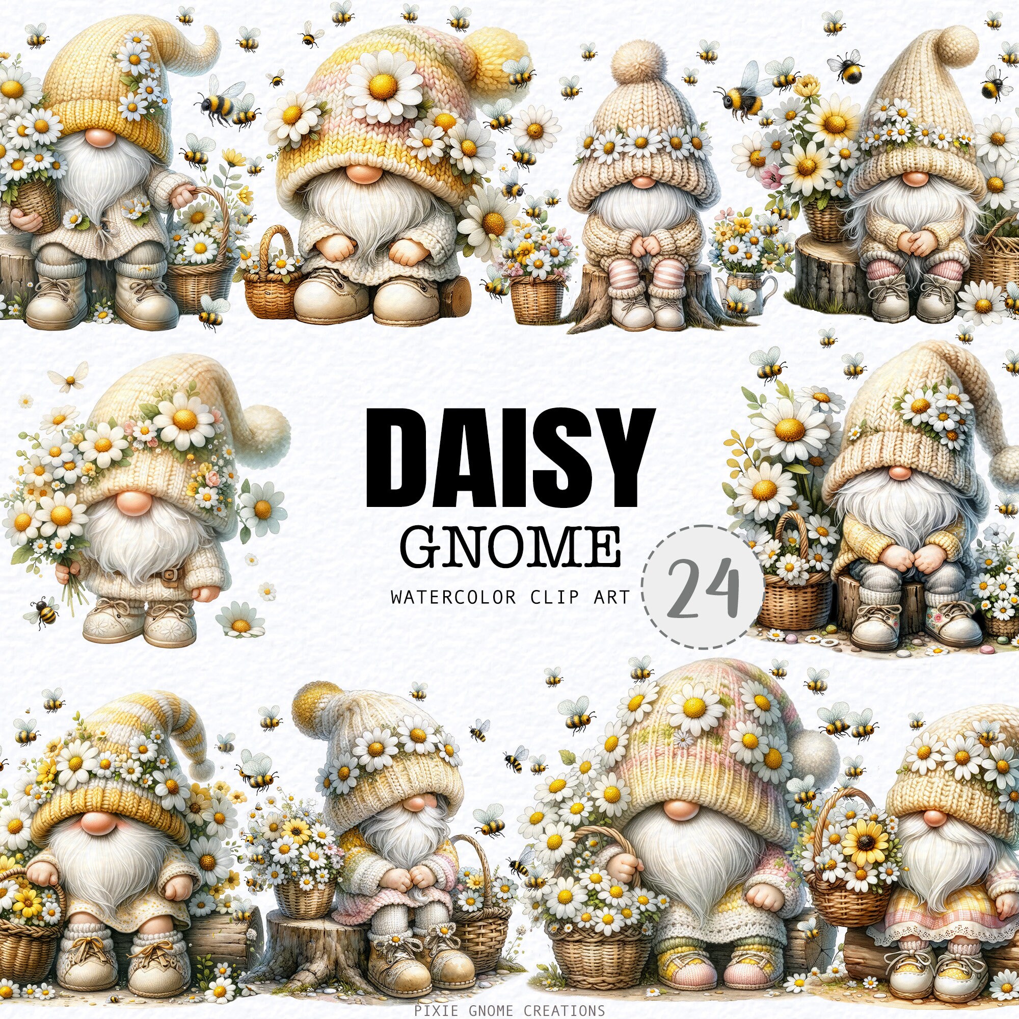 Watercolor Daisy Bumble Bee Gnome Clipart Bundle Png, Garden Clipart ...