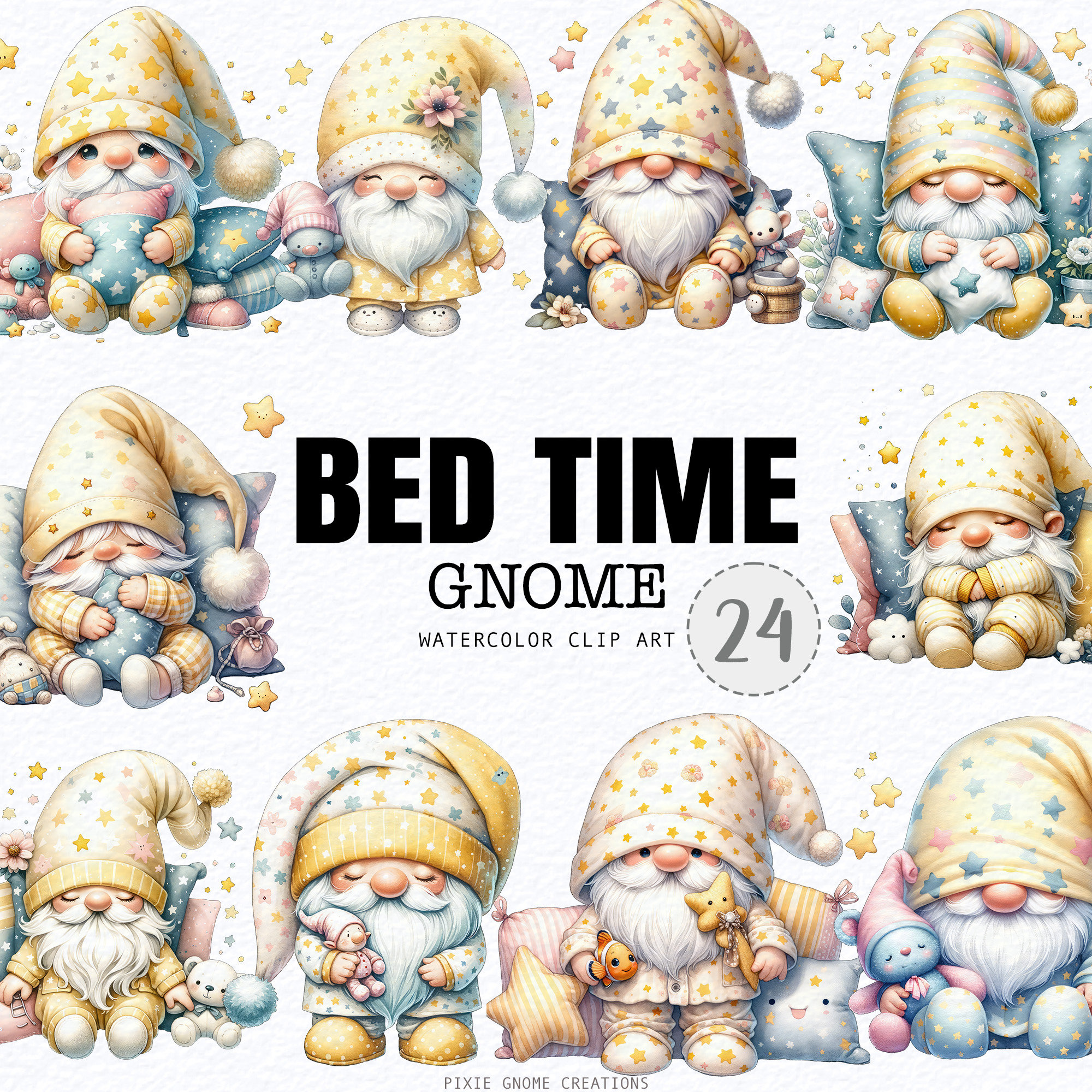 Watercolor Pastel Pijamas Gnome Clipart PNG Bundle, Cute Bed Time ...