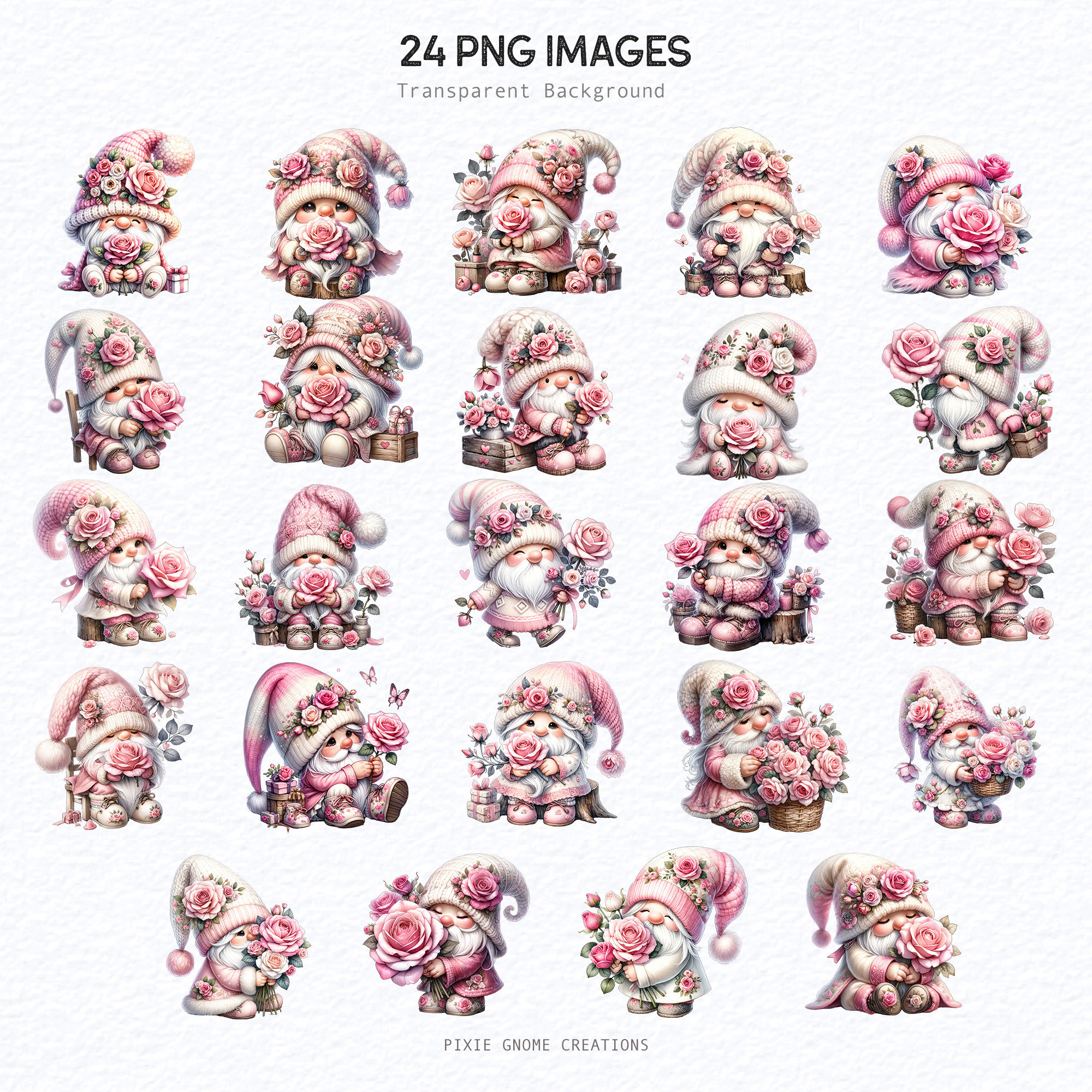 Watercolor Valentines Rose Floral Gnome Clipart PNG Bundle, Garden ...