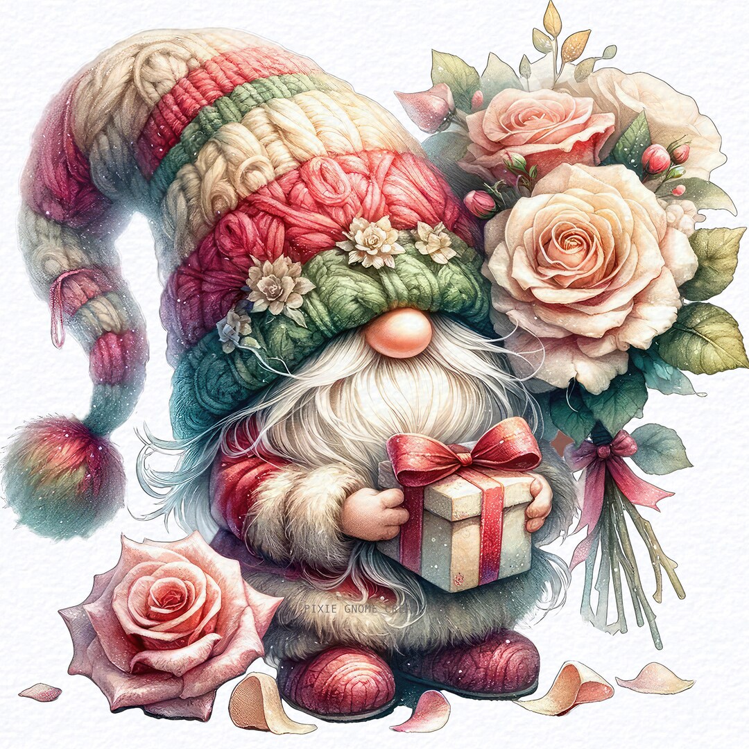 Watercolor Valentines Rose Floral Gnome Clipart PNG Bundle, Garden ...