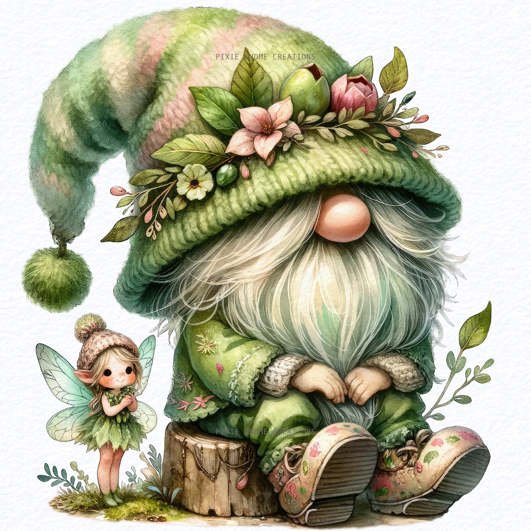 Watercolor Floral Fairy Forest Gnome Clipart PNG Bundle, Garden Gnome ...