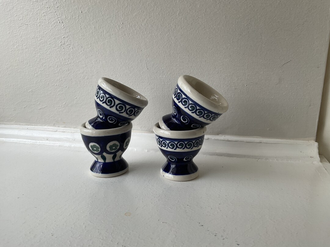 Set of 4 Blue Swirl Polish Pottery Egg Cups Handmade in Boleslawiec, Poland - Etsy