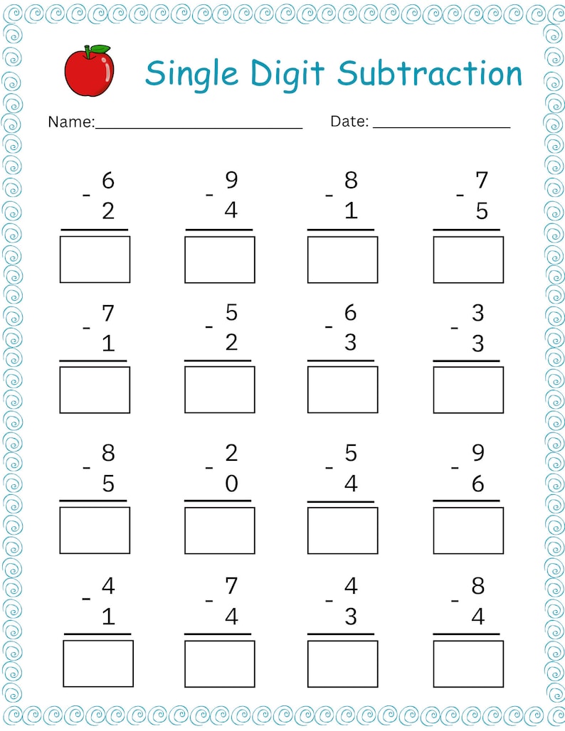Single Digit Subtraction Worksheet, Math Worksheet, 1st Grade, Autism ...