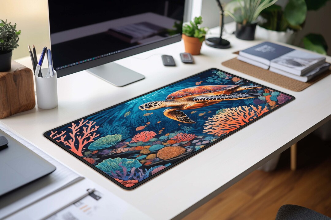 Sea Turtle Coral Reef Desk Mat, Blue Extended Mousepad, Cute Desk Mat ...