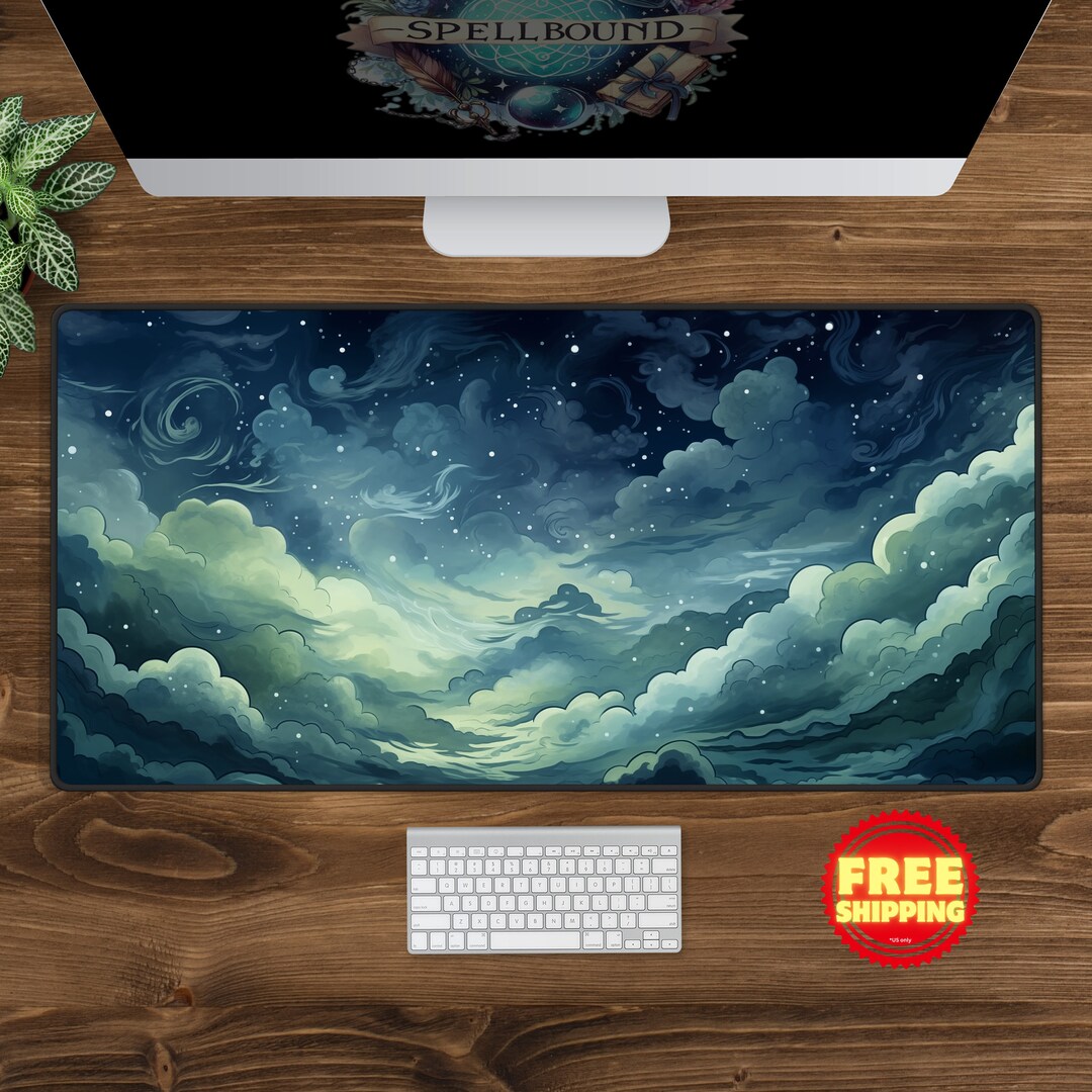 Blue Green Celestial Ethereal Clouds Desk Mat Aesthetic Office Decor ...
