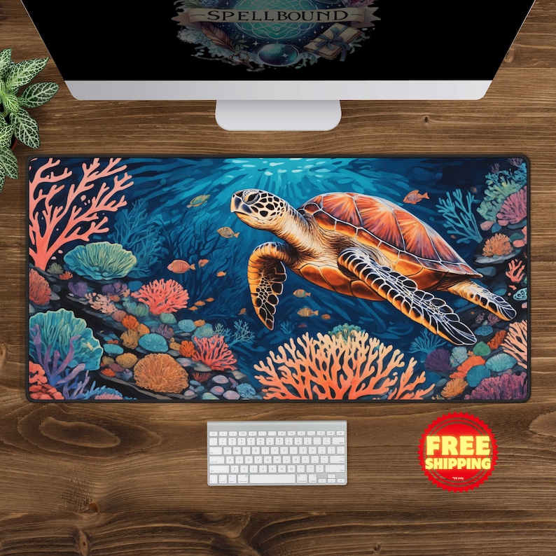 Sea Turtle Coral Reef Desk Mat, Blue Extended Mousepad, Cute Desk Mat ...