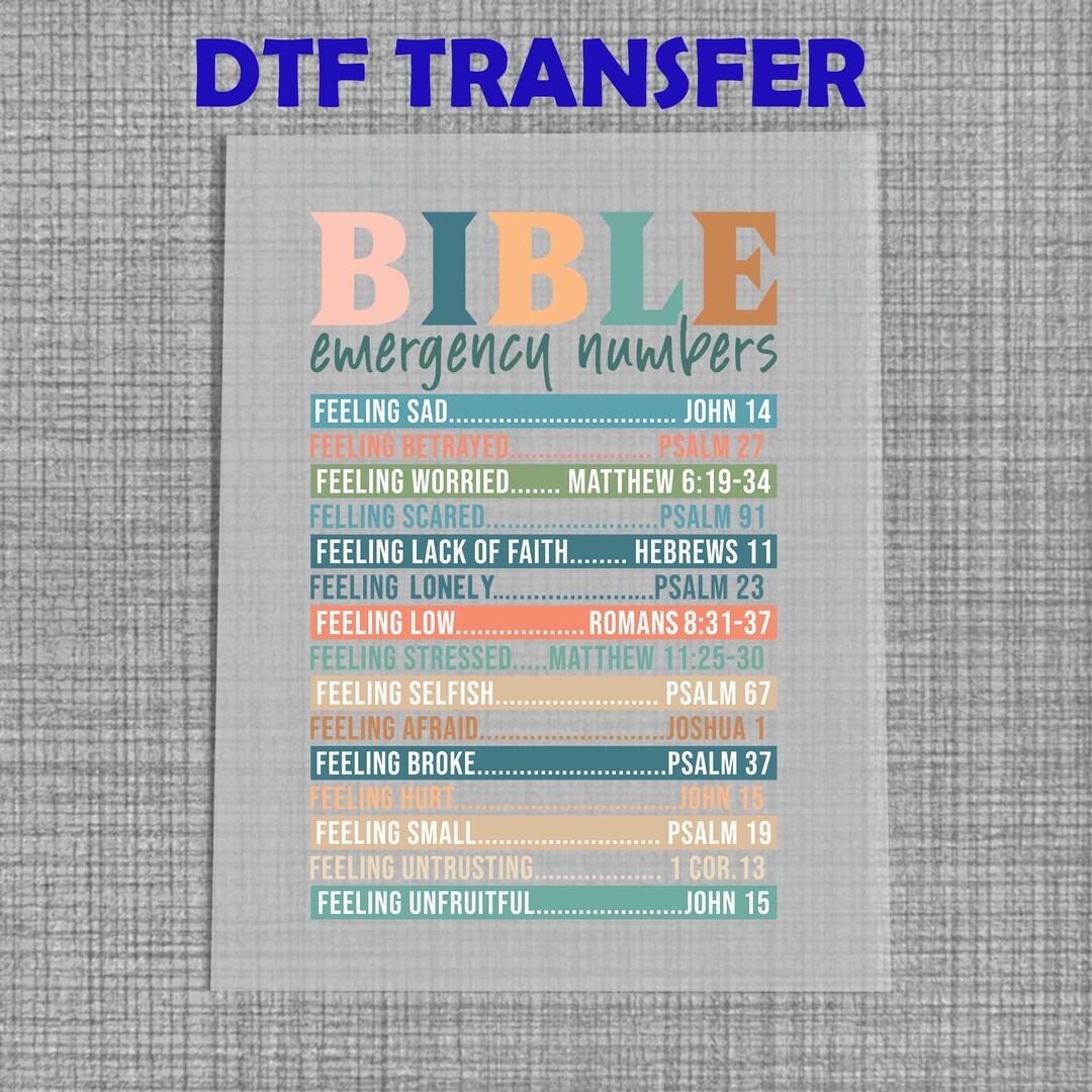 Bible Emergency Numbers DTF Transfer Sheets, Christian Bible Verse ...