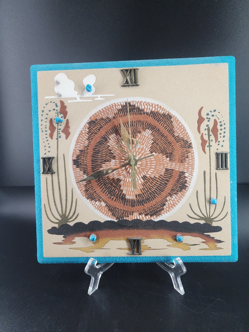 Vintage Native American Indian Sand Art Clock Blue, Brown, Tan, & Gold ...