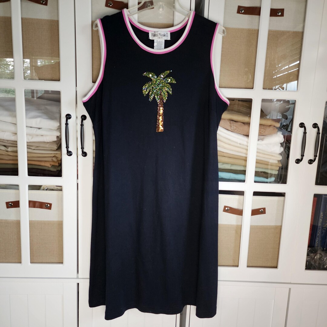 2X Vintage 90s Black Dress With Sequin and Beaded Palm Tree on the ...