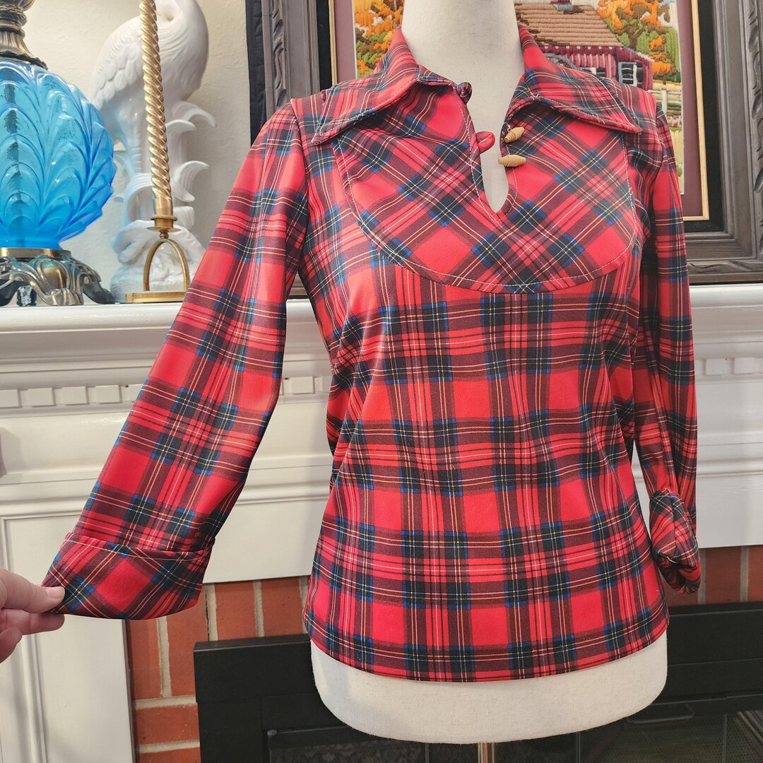 M 70s Retro Red Tartan Collared Top - Etsy
