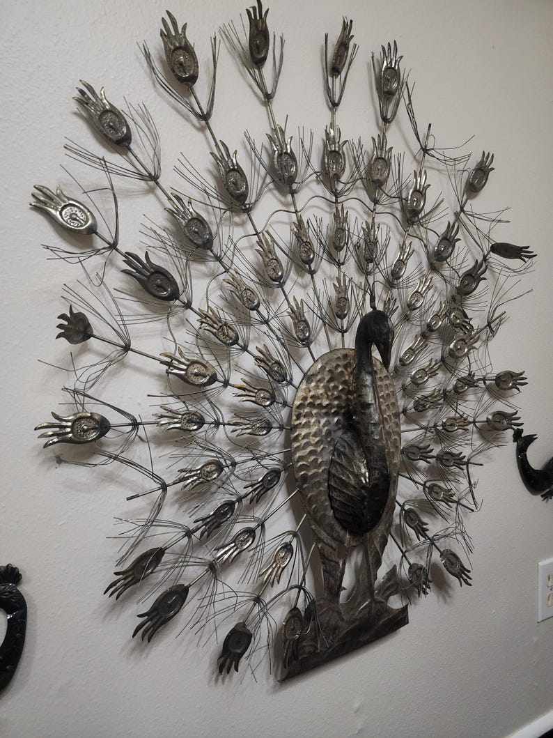 Mid Century Peacock Metal Wall Art MCM Decor Large Vintage Silver Metal ...
