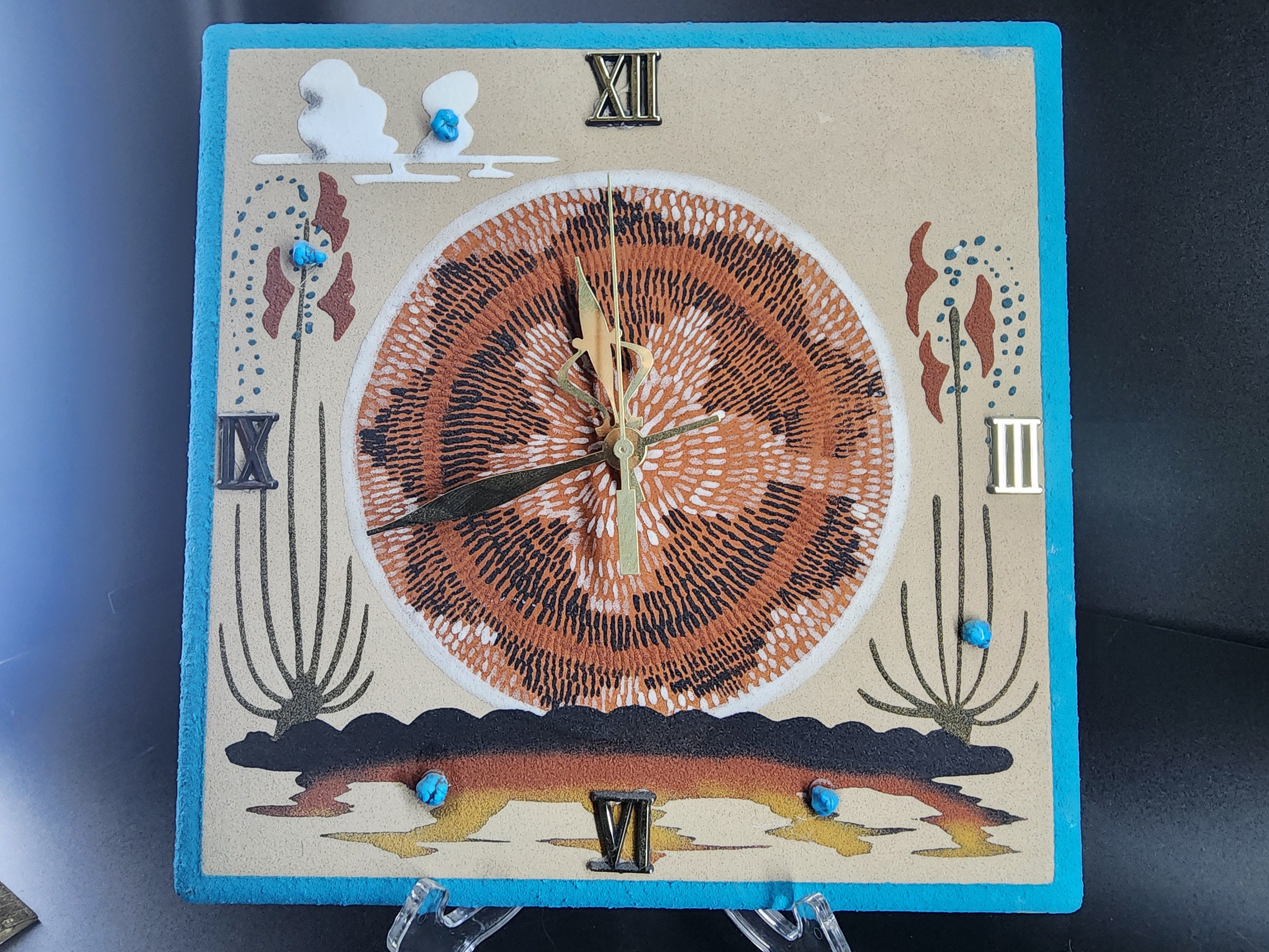 Vintage Native American Indian Sand Art Clock Blue, Brown, Tan, & Gold ...