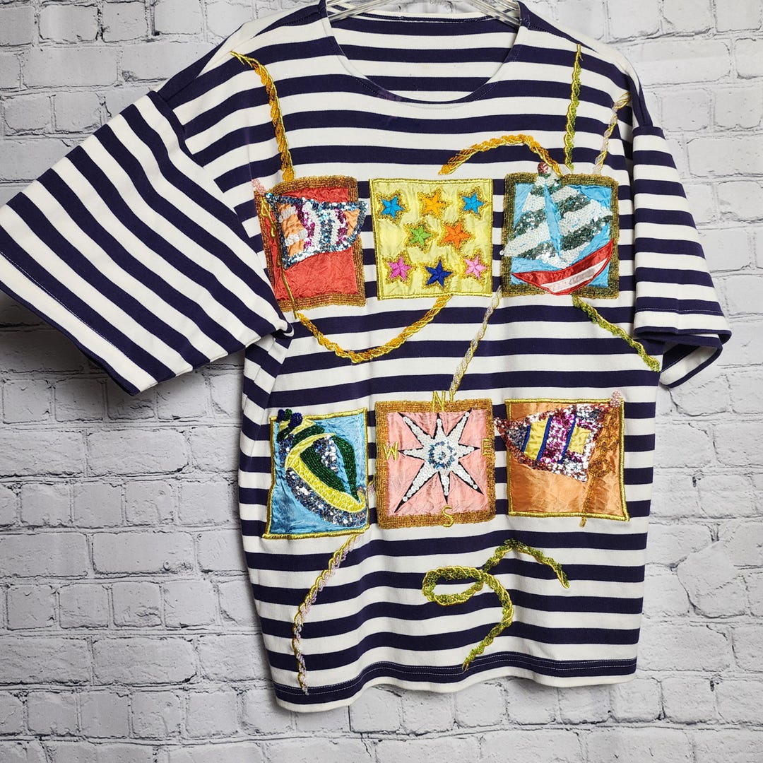 L/XL Vintage Nautical Themed Hand Embroidered With Sequins Navy and ...