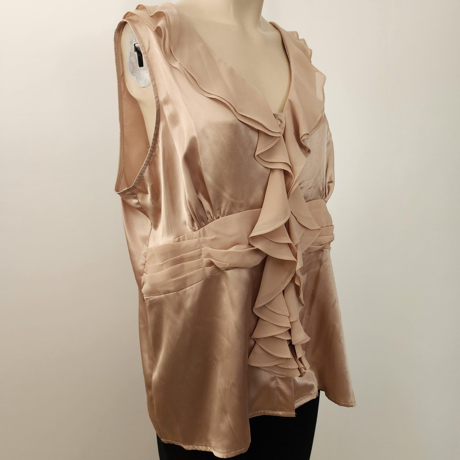 XL Satin Beige Ruffle Blouse by Apostrophe NEW With Tags Sleeveless ...