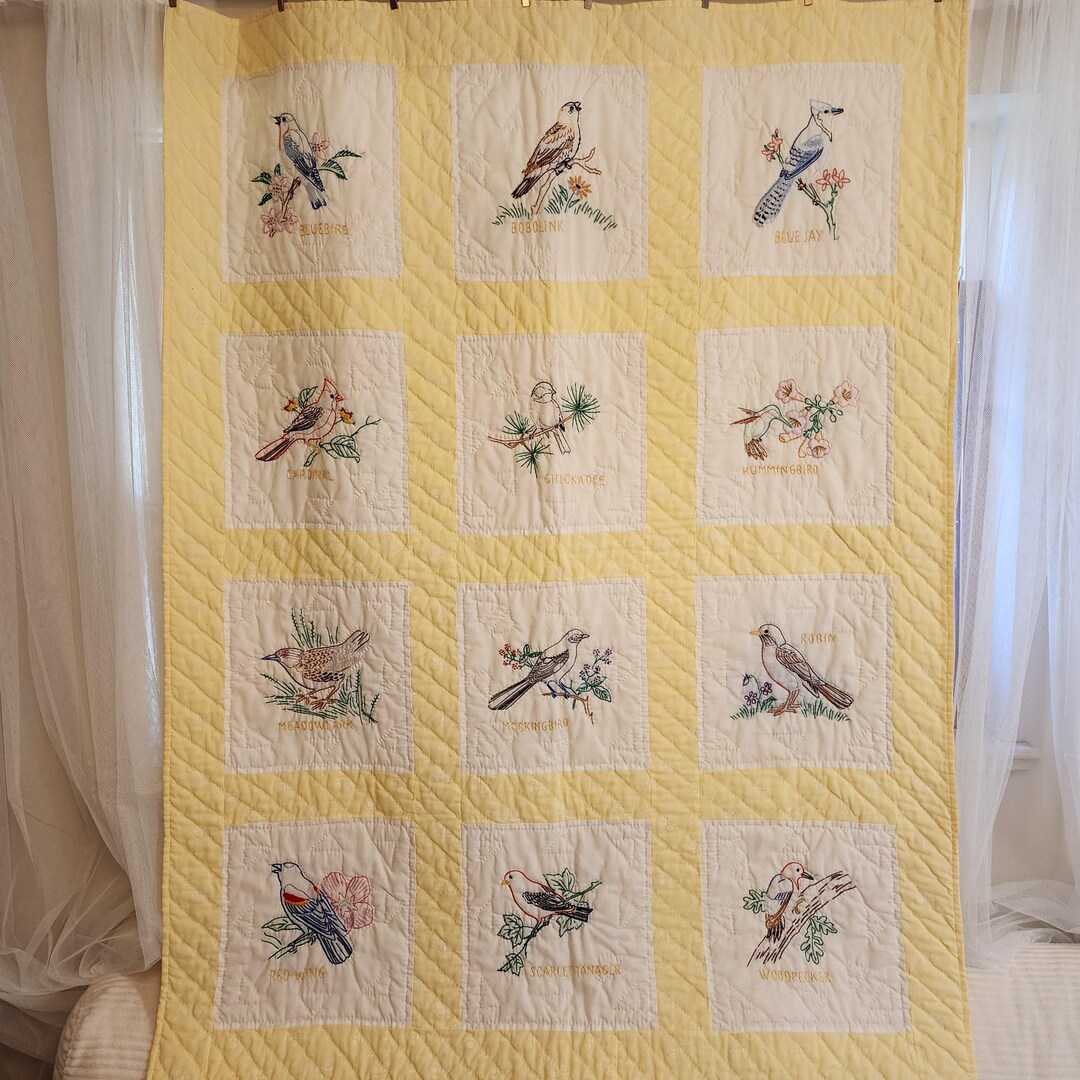 55 X 42 Vintage Yellow and White Handmade Quilt With 12 Squares of Hand ...