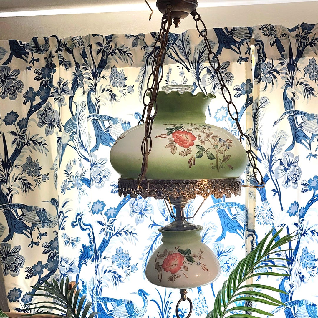 Vintage Swag Hanging Victorian Style Lamp Green Floral Hand Painted ...