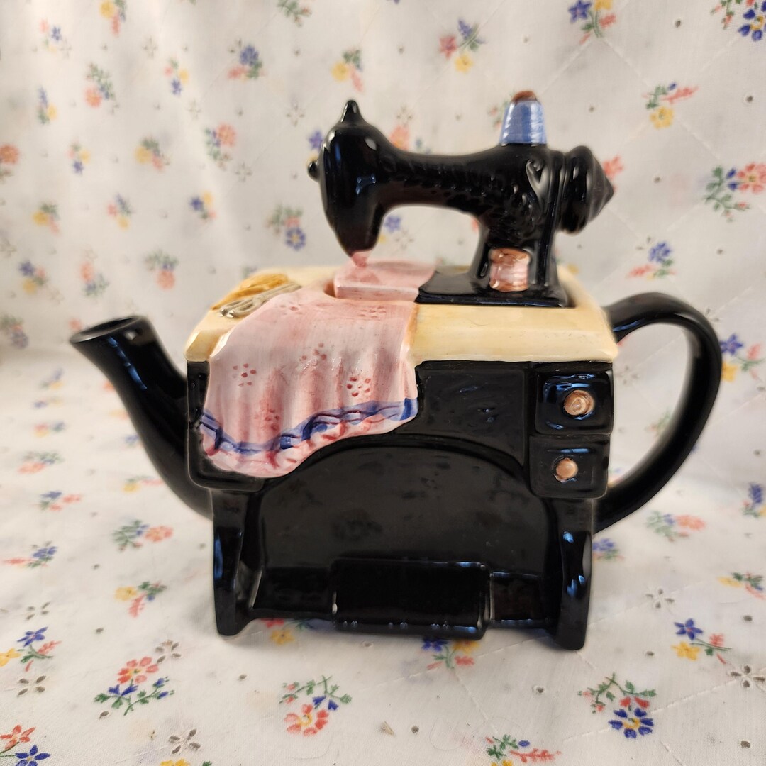 Vintage 5.5" Sewing Machine Teapot - Hand Painted Ceramic Collectible ...