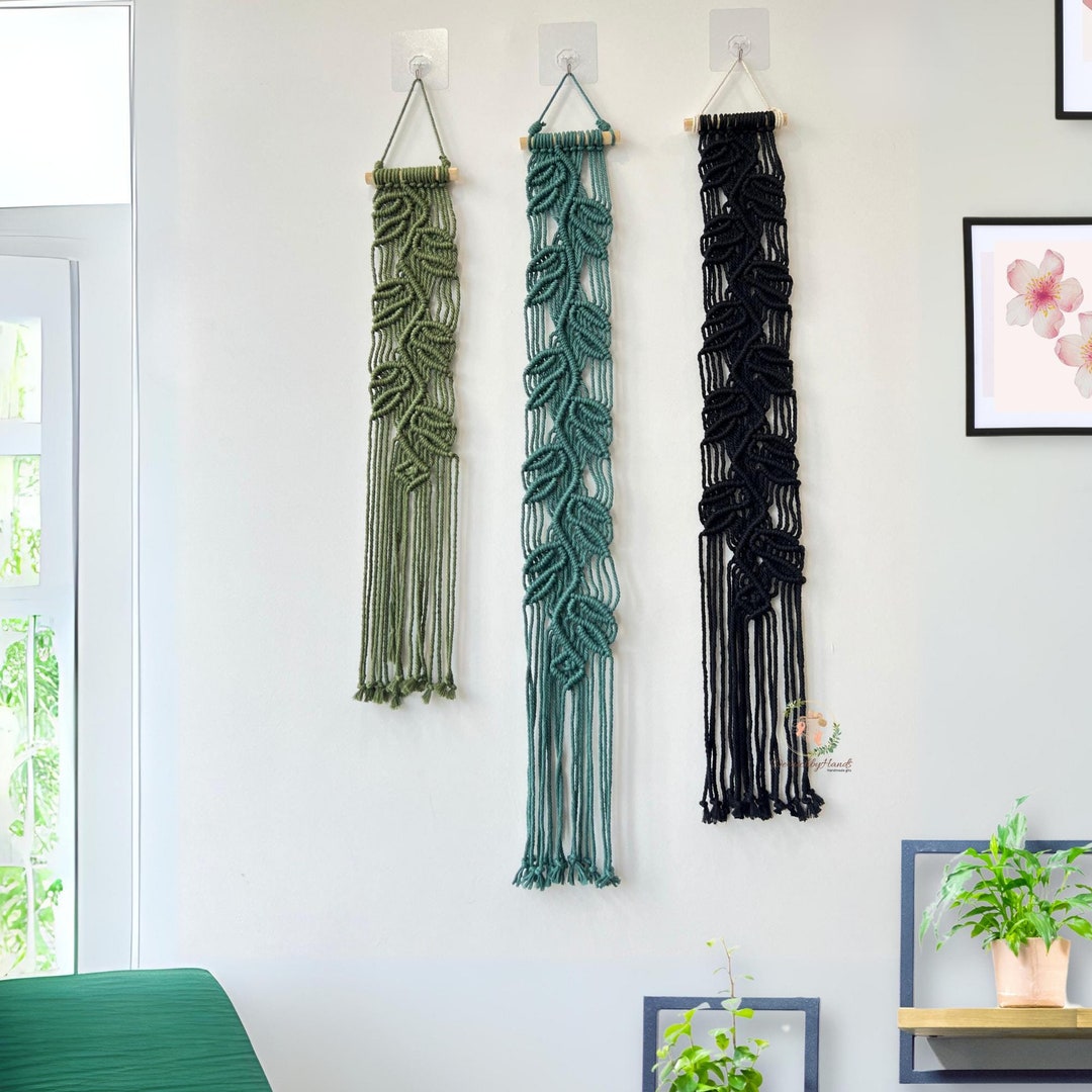 Minimal Macrame Wall Hanging, Long Yarn Leaf Macrame, Boho Vertical Narrow Art, Living Room Art ...