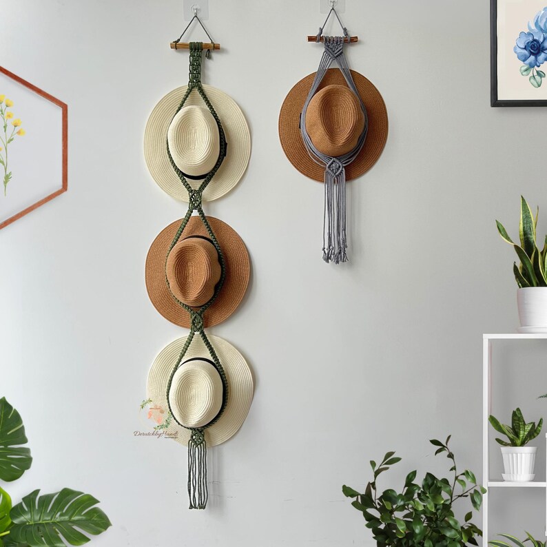 Macrame Wall Mount Hat Hanger, Wall Hat Storage Pattern, Minimal Hat ...