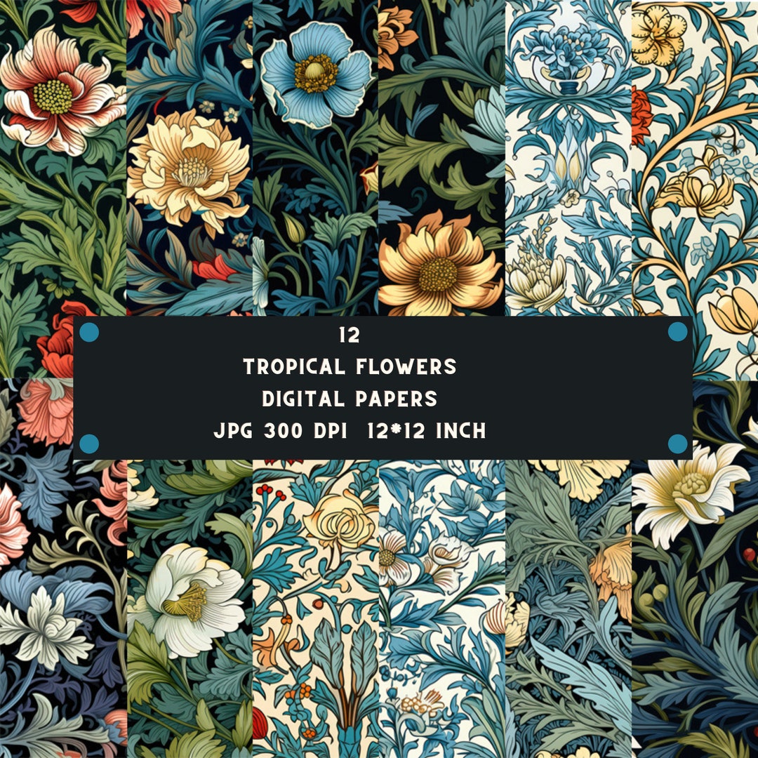 TROPICAL FLOWERS Digital Paper, Seamless High Resolution Patterns ...