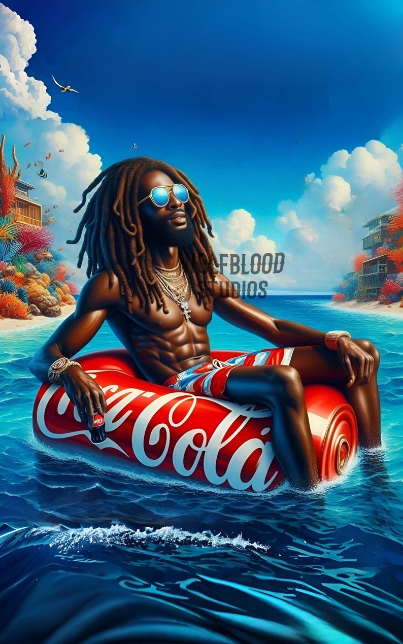 Men on a Cola Floaty Enjoy the Beach, Digital Painting Art, Printable ...