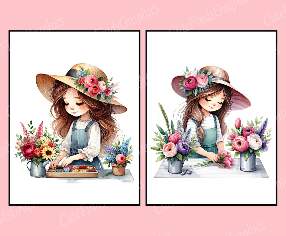 Clipart Cute Girl With Flowers PNG, Clipart Bouquet of Watercolor ...