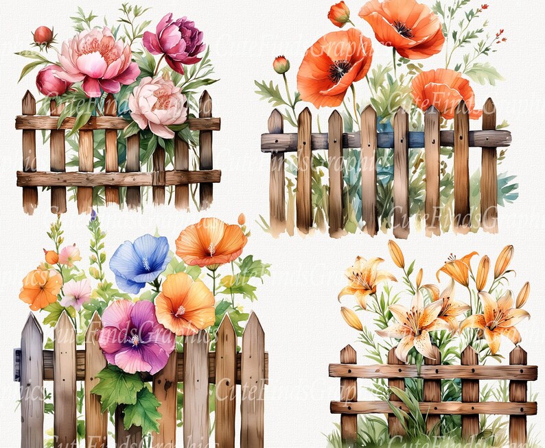 Garden Fence PNG, Watercolor Garden Fence, Botanical Fence, Wooden ...