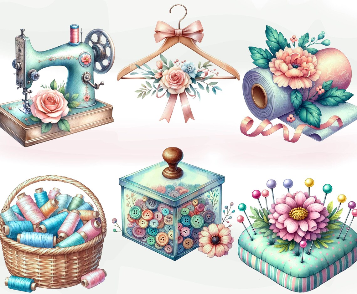 Watercolor Sewing Clipart, Sewing Machine PNG, Digital Image Downloads ...