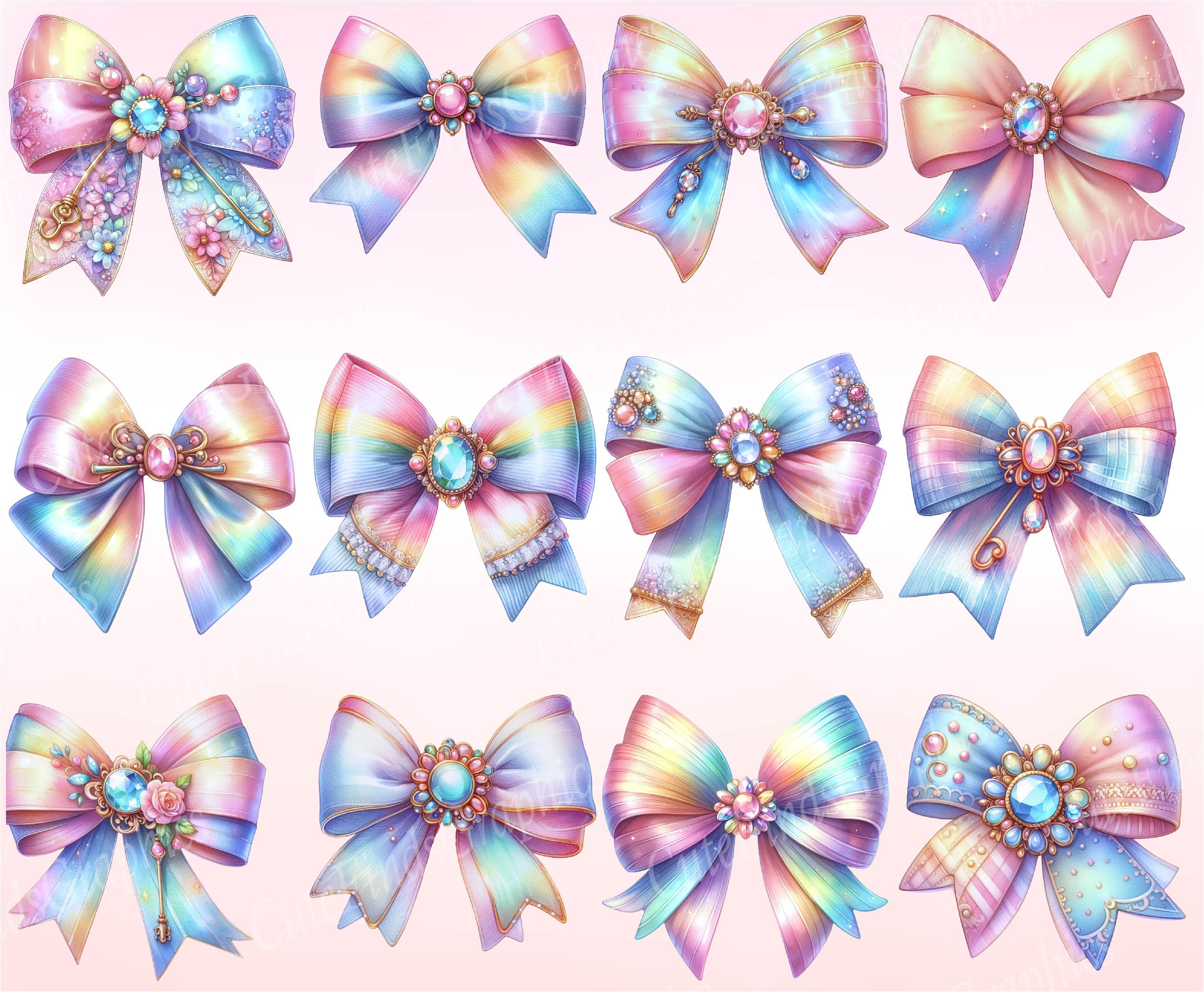 Watercolor, Bows With Brooch, Satin Bows Clipart PNG, Download Digital ...