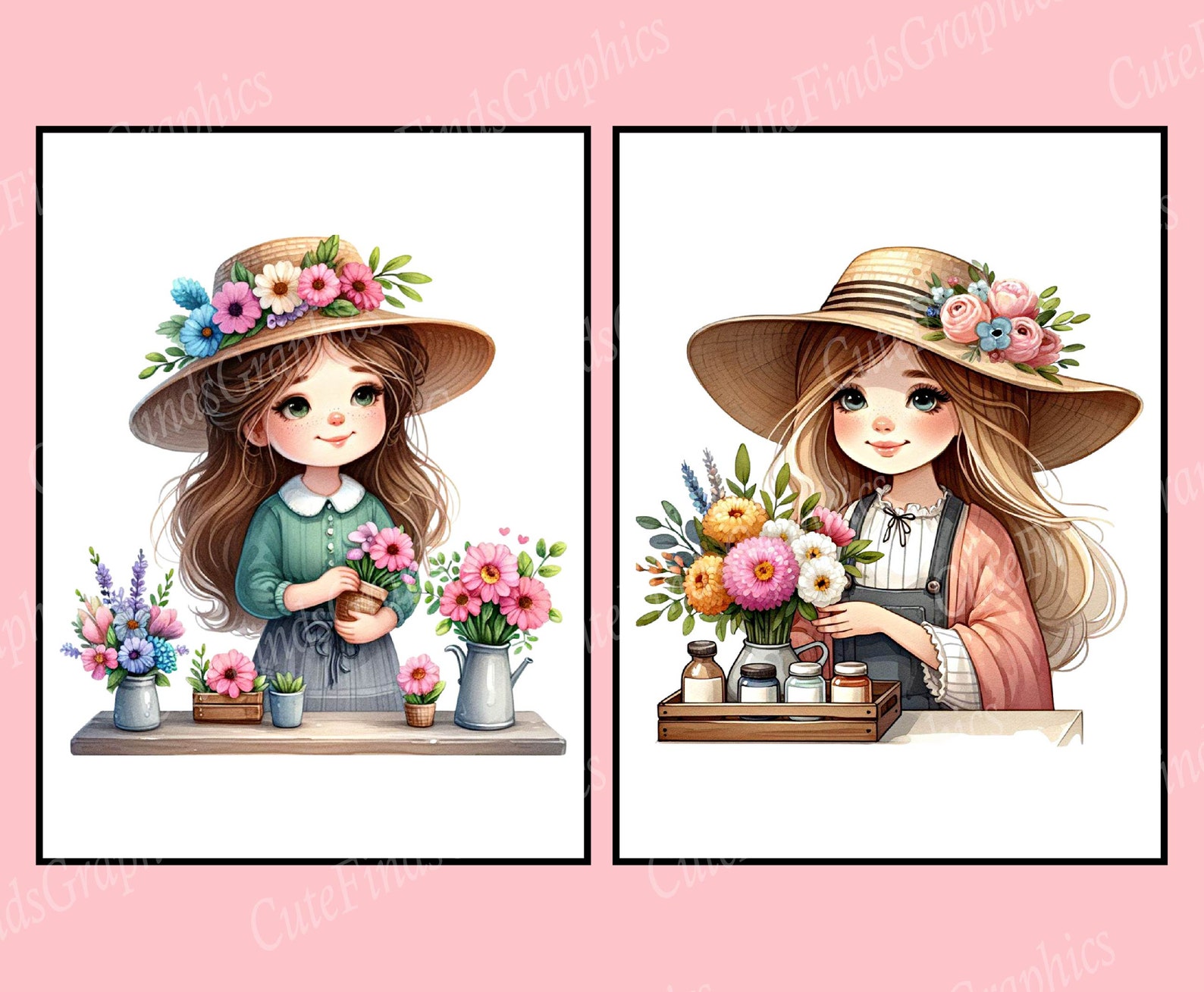 Clipart Cute Girl With Flowers PNG, Clipart Bouquet of Watercolor ...