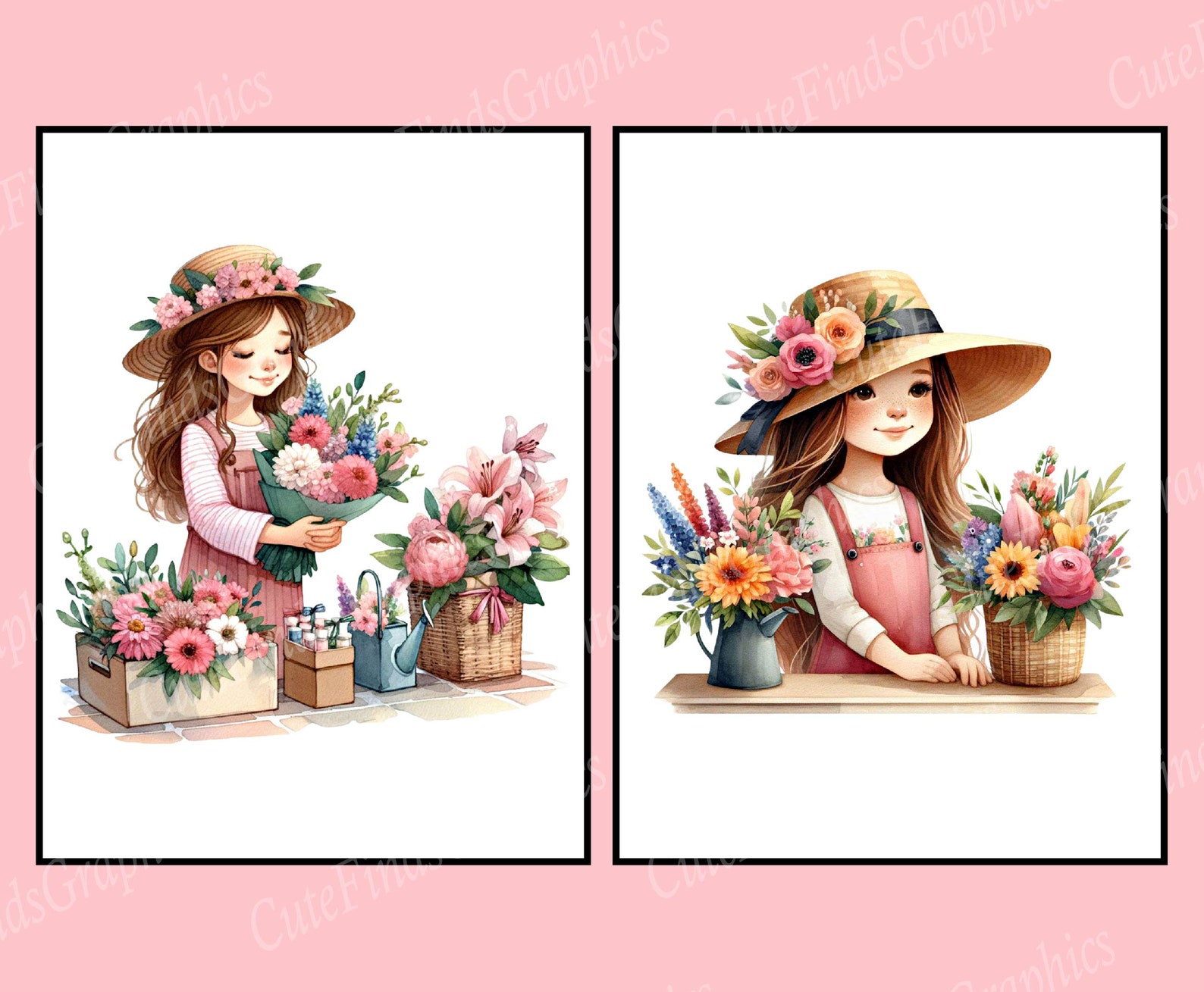 Clipart Cute Girl With Flowers PNG, Clipart Bouquet of Watercolor ...