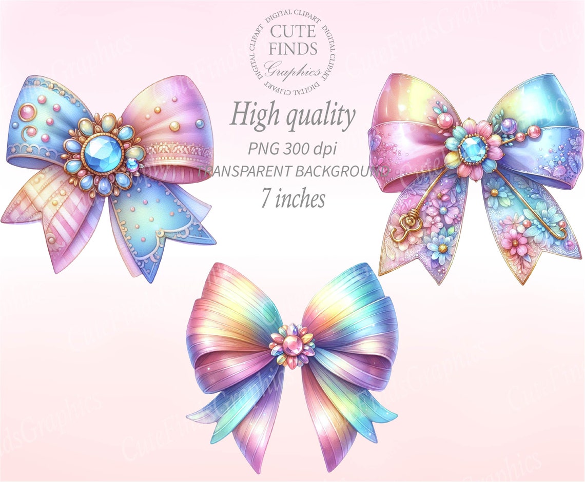 Watercolor, Bows With Brooch, Satin Bows Clipart PNG, Download Digital ...