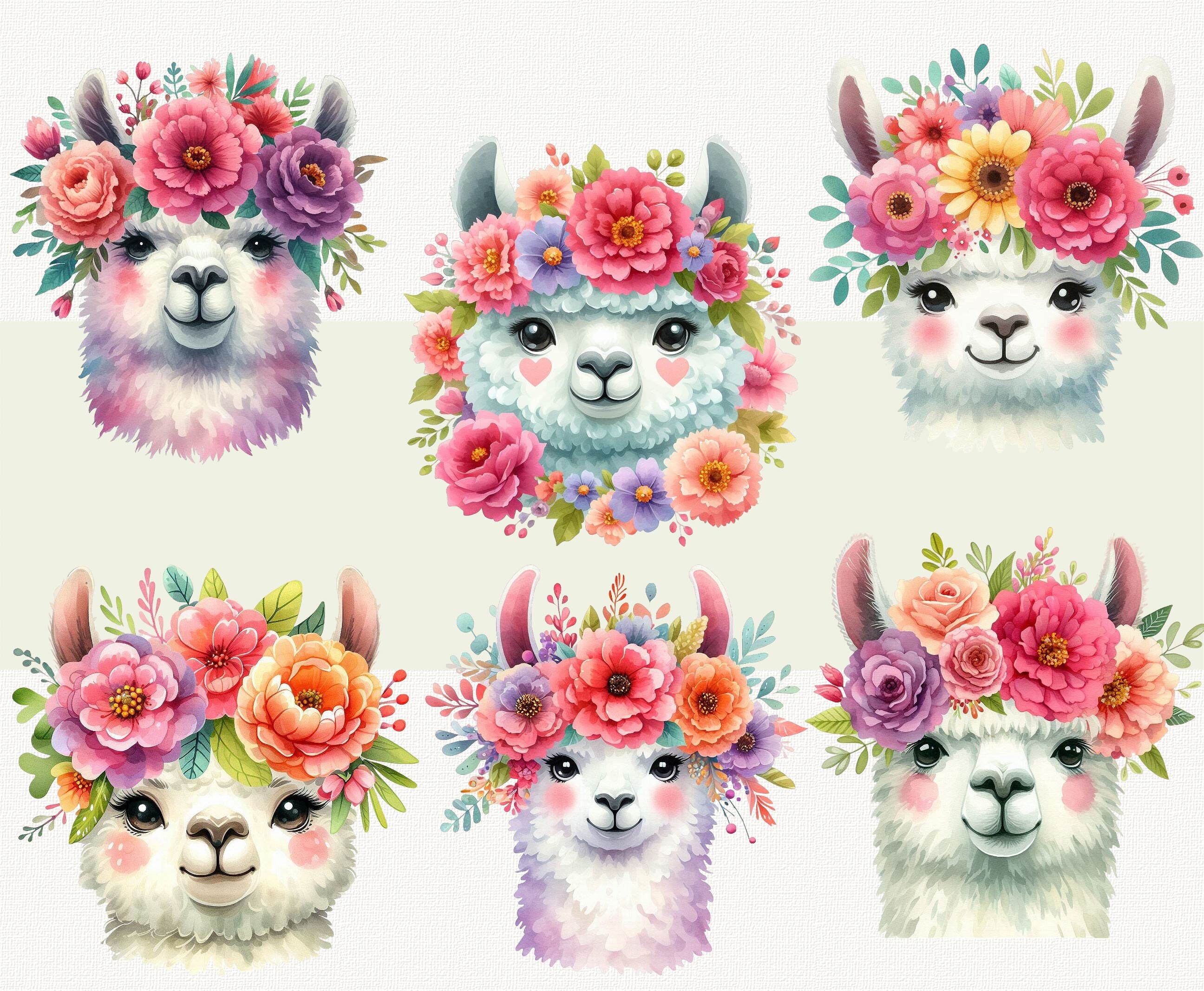 Llama Watercolor Clipart, Spring Flowers PNG, Llama Portrait, Graphic ...