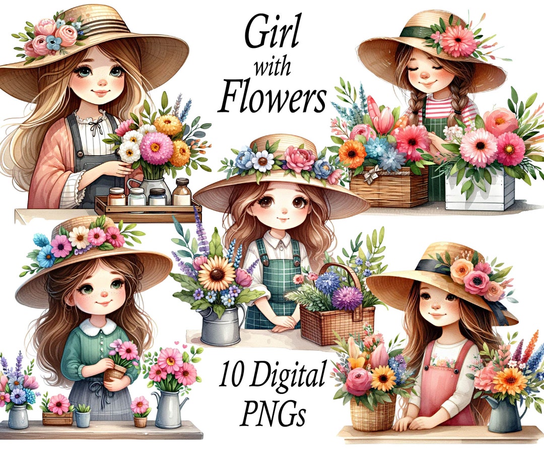 Clipart Cute Girl With Flowers PNG, Clipart Bouquet of Watercolor ...
