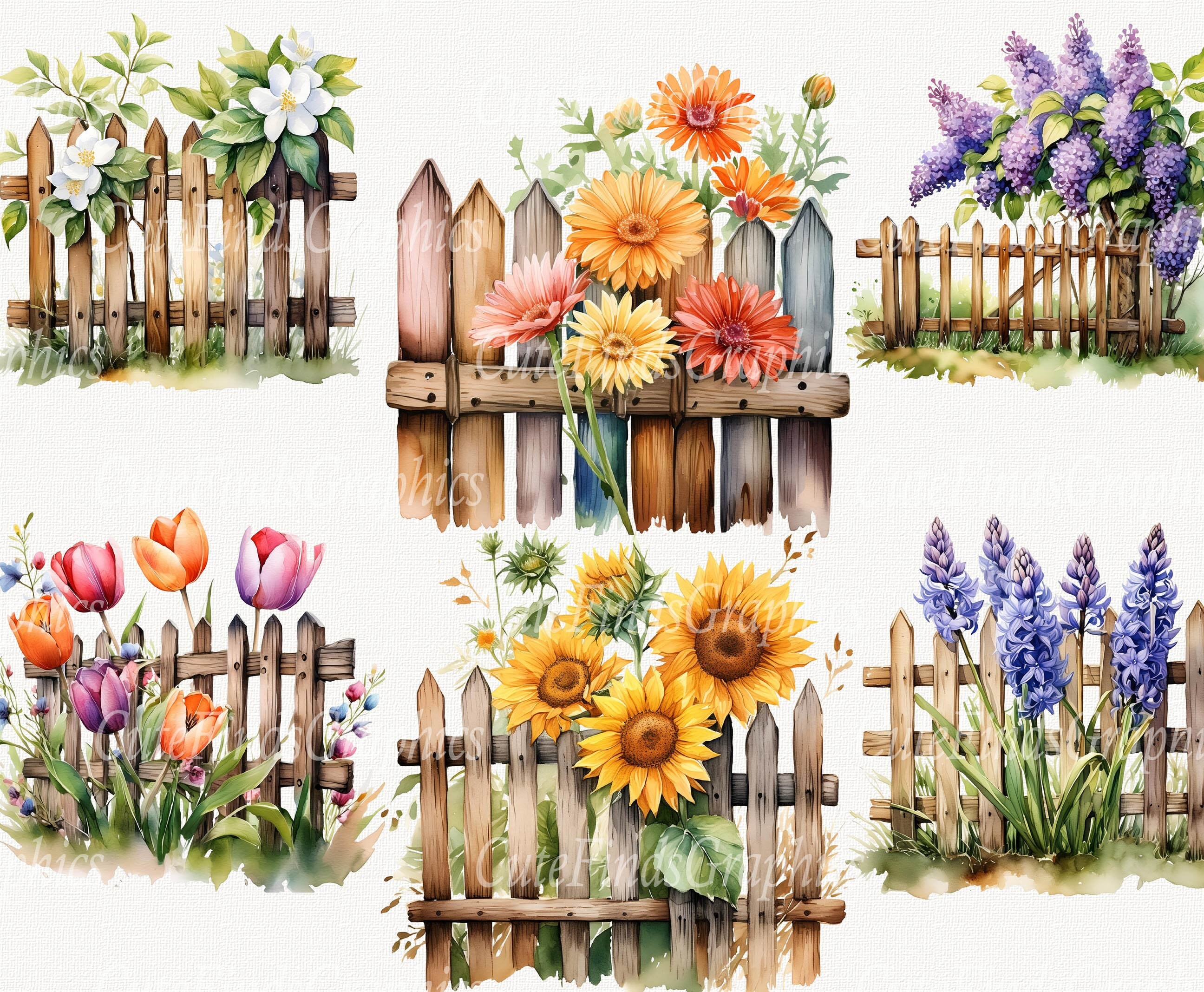 Garden Fence PNG, Watercolor Garden Fence, Botanical Fence, Wooden ...