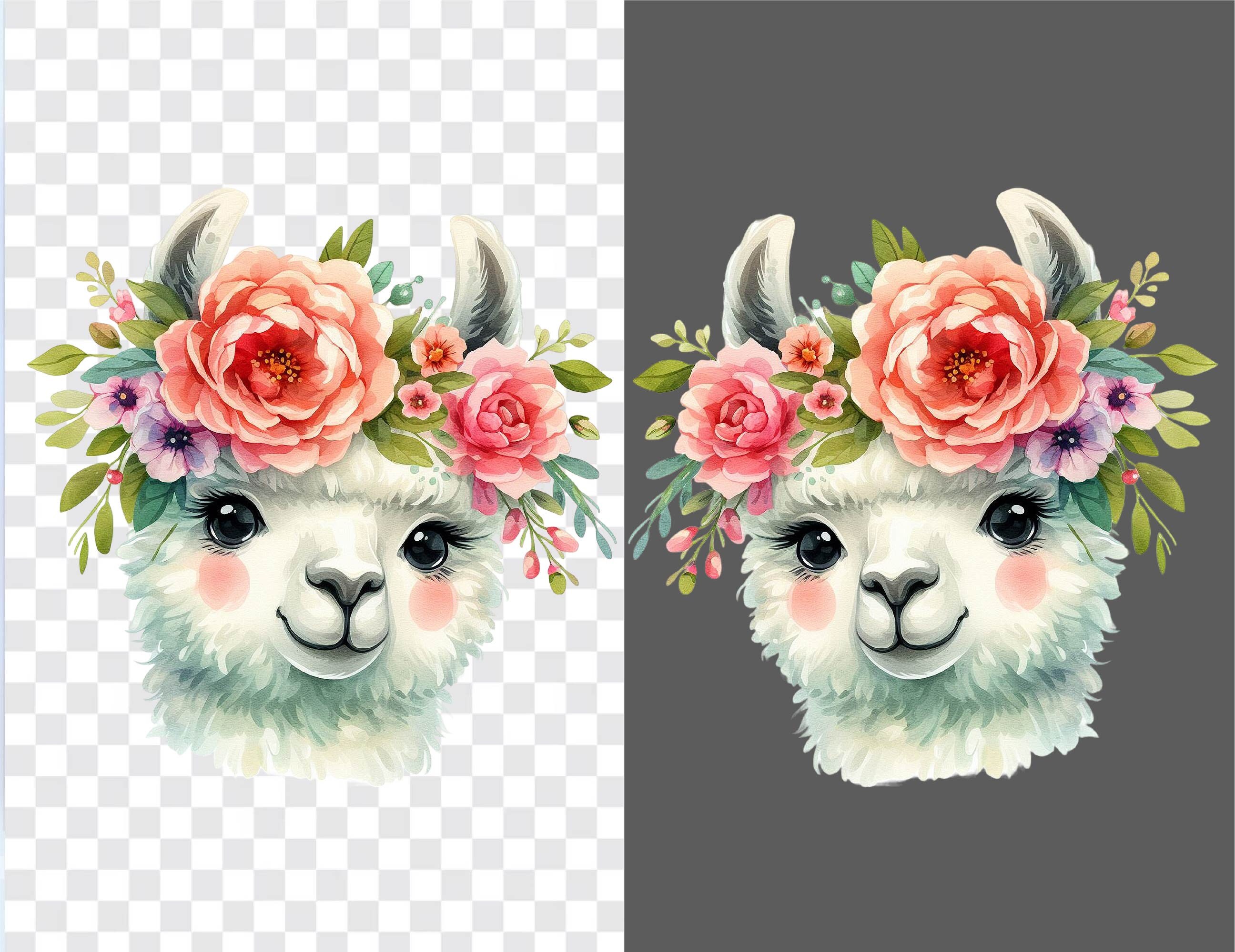 Llama Watercolor Clipart, Spring Flowers PNG, Llama Portrait, Graphic ...