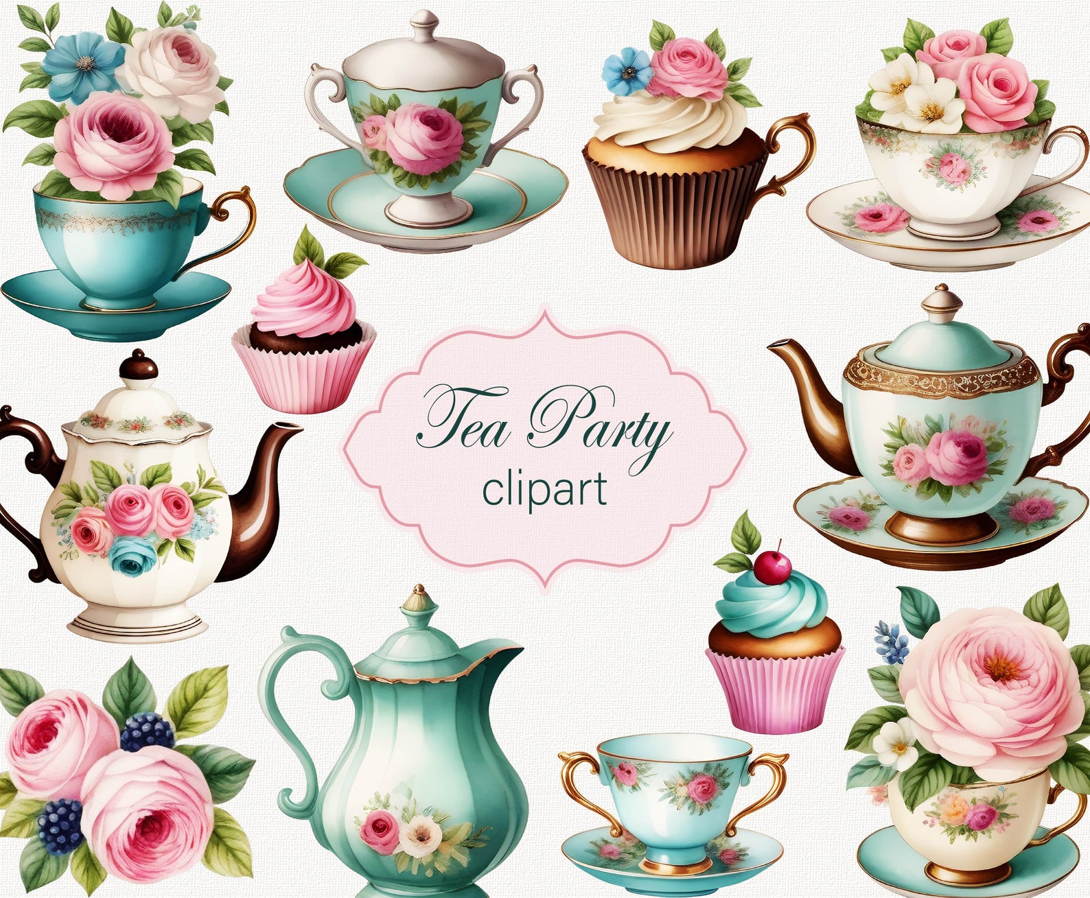 Watercolor Tea Party Clipart Set PNG .instant Download. - Etsy