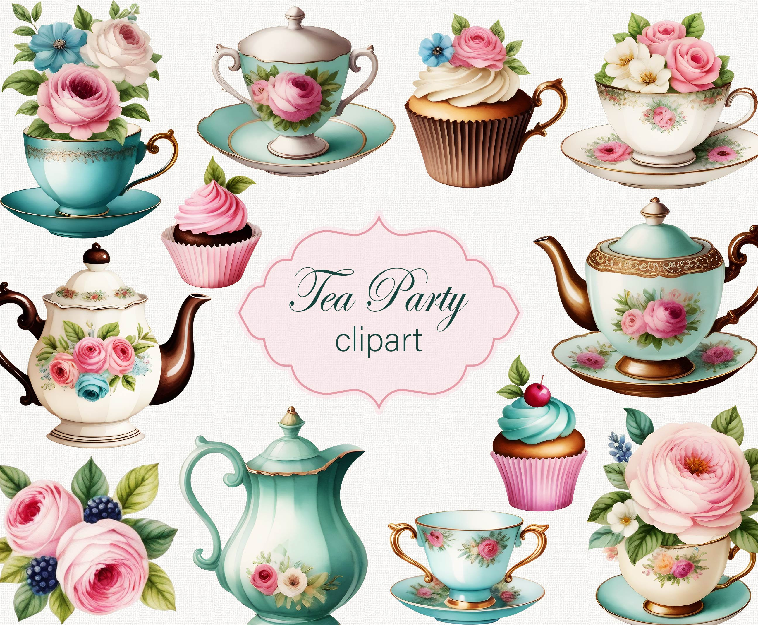 Watercolor Tea Party Clipart Set PNG .instant Download. - Etsy