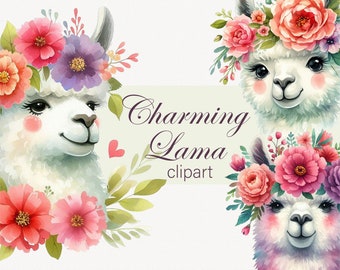 Llama Watercolor Clipart Farm Llama Spring Flowers PNG Commercial Use ...