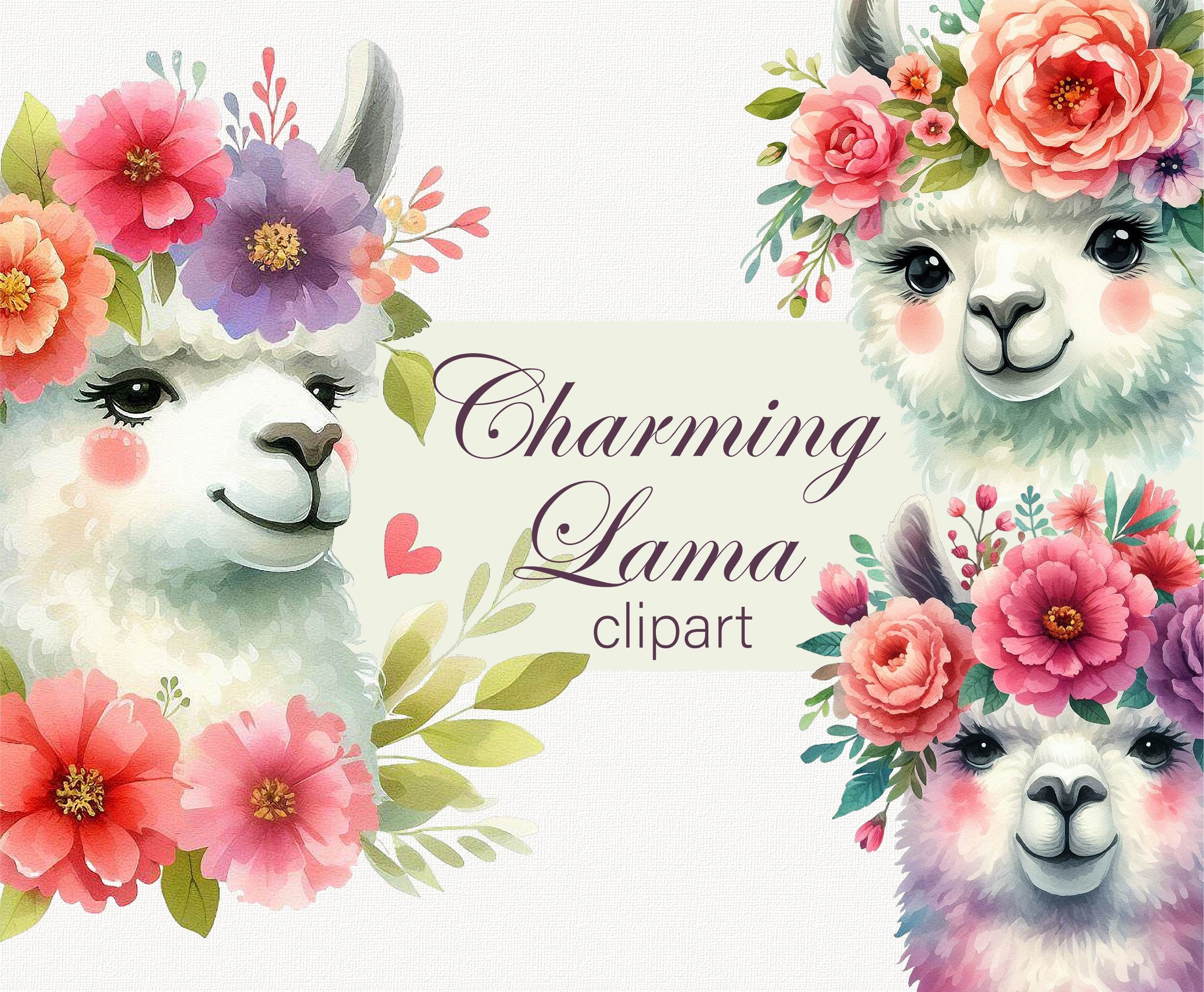 Llama Watercolor Clipart, Spring Flowers PNG, Llama Portrait, Graphic ...