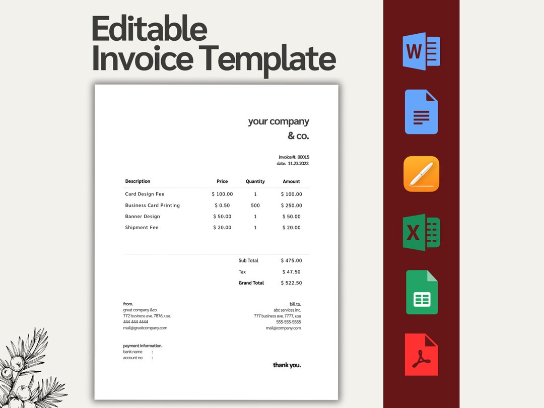 Invoice Template, Editable Invoice, PDF, Word, Excel, Google Docs ...