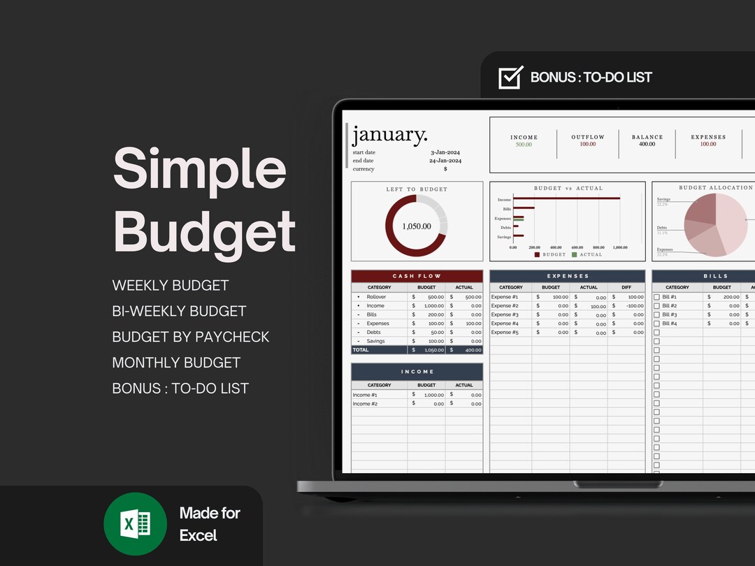 Simple Budget Spreadsheet for Excel, Monthly Budget Spreadsheet, Excel ...